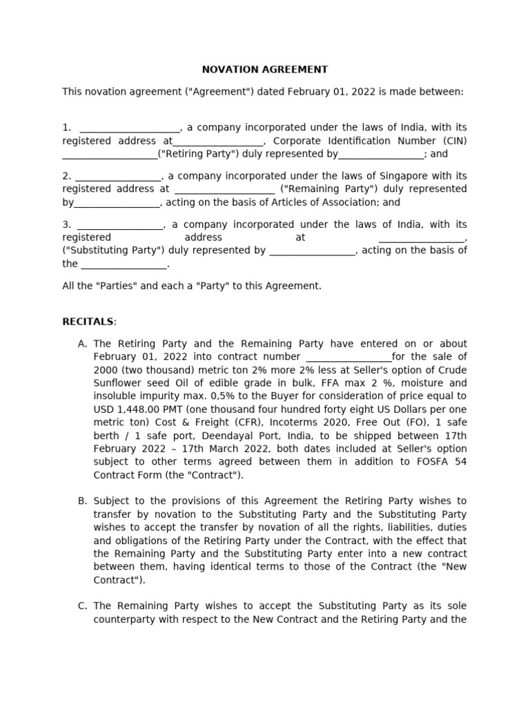 NOVATION AGREEMENT (for trade contracts) | PDF | Indemnity | Business Law