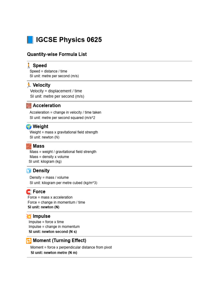 ? IGCSE Physics 0625 Formulas | PDF | Voltage | Force
