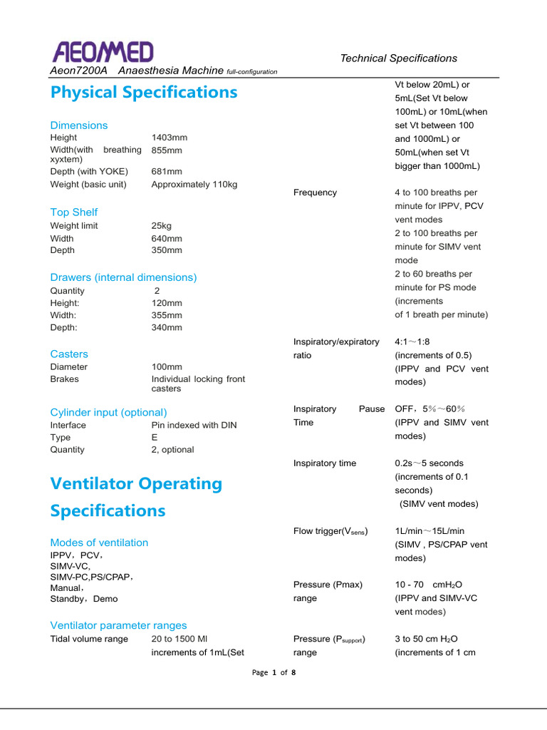 Aeon7200A-Full Config Specifications Sheet -PCV版本 | PDF | Respiration