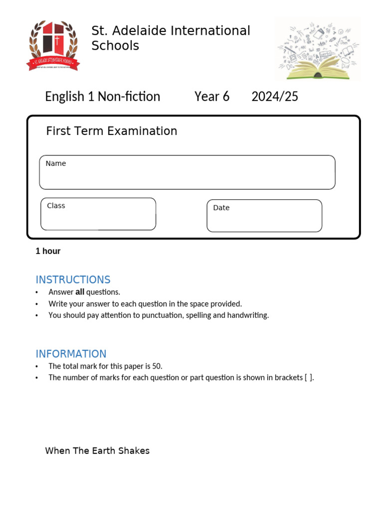 End of Term One English Paper 1 Year 5 | PDF