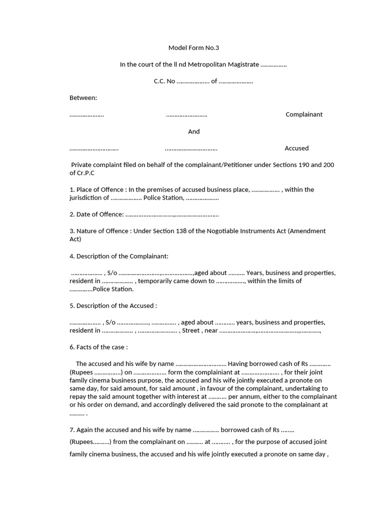 NI ACT- Model Form No.3- Private Complaint Filed on Behalf of the ...