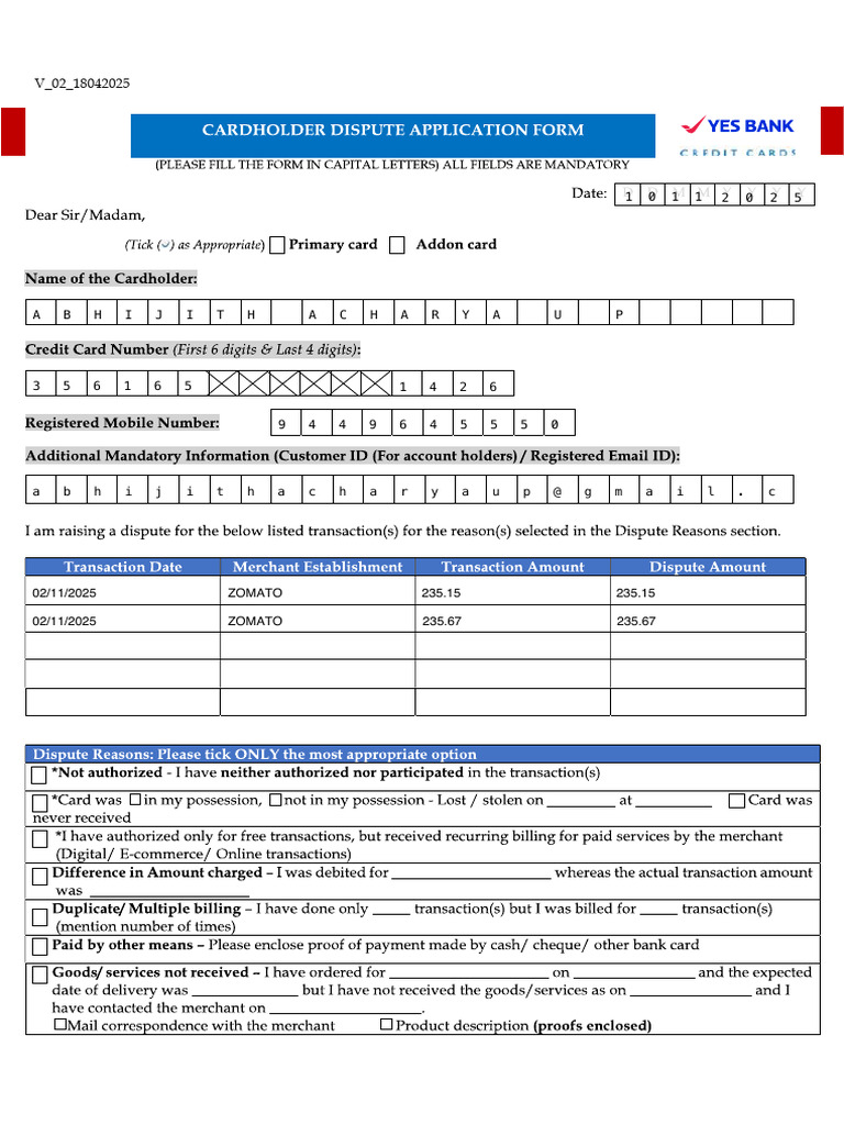 Ticket Cardholder Dispute Form 2 | PDF