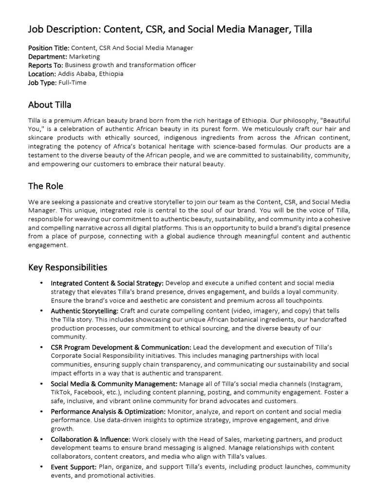 Job Description Content, CSR, and Social Media Manager, Tilla | PDF ...