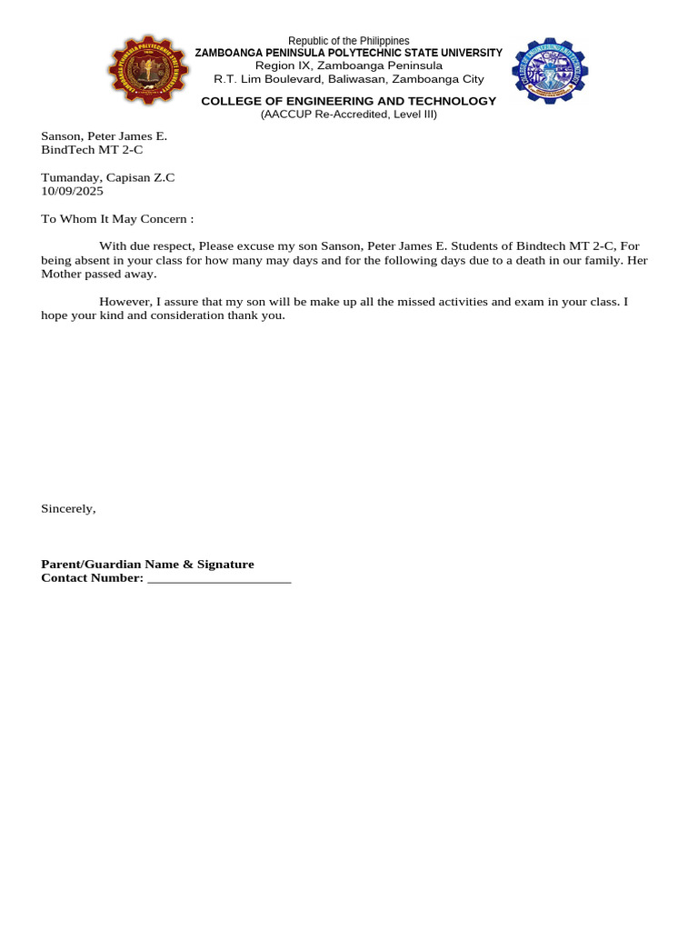 Excused Letter Format | PDF
