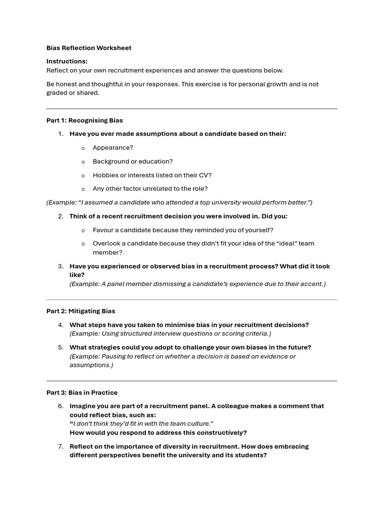 Bias Reflection Worksheet | PDF