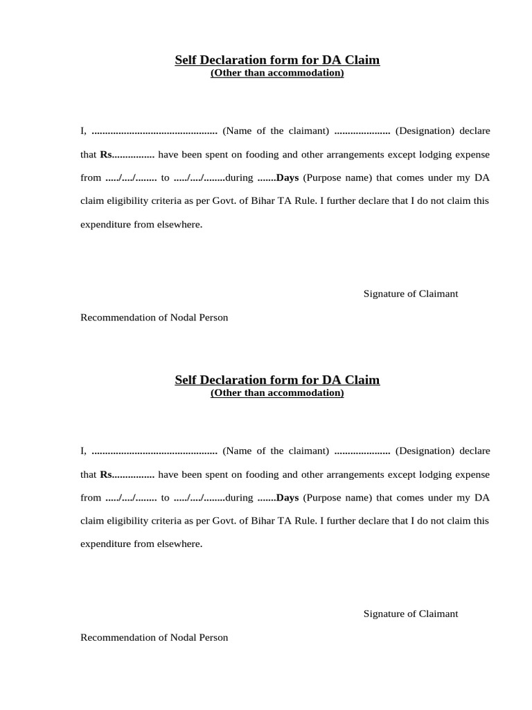 Self Declaration for DA Claim Other Than Accommodation | PDF