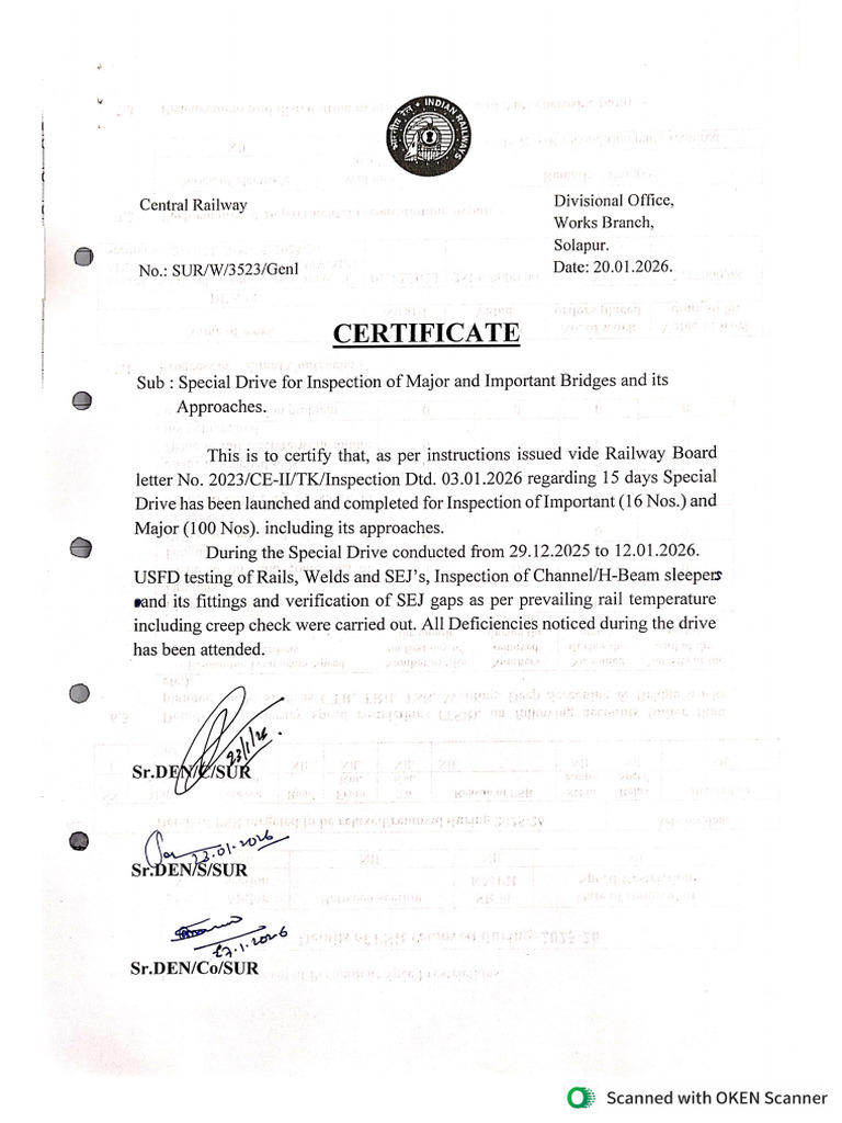 Certificate for Major and Imp Bridge Inspection | PDF