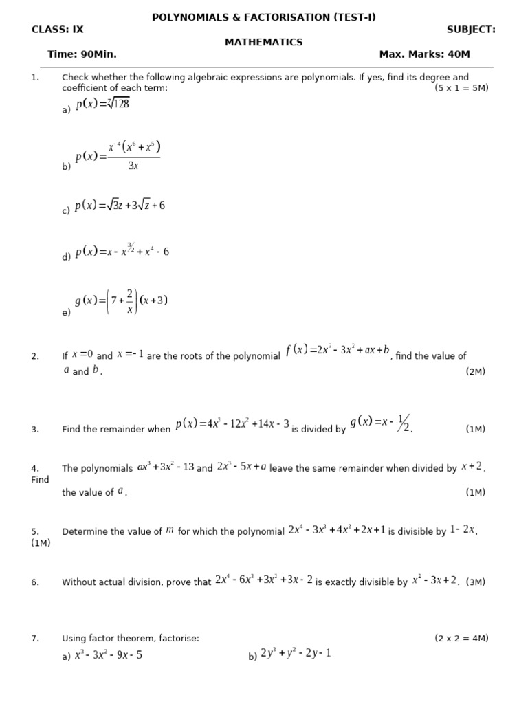 Ix-02-Rt01 (b24) - Polynomials and Factorisation Test-I - Maths | PDF