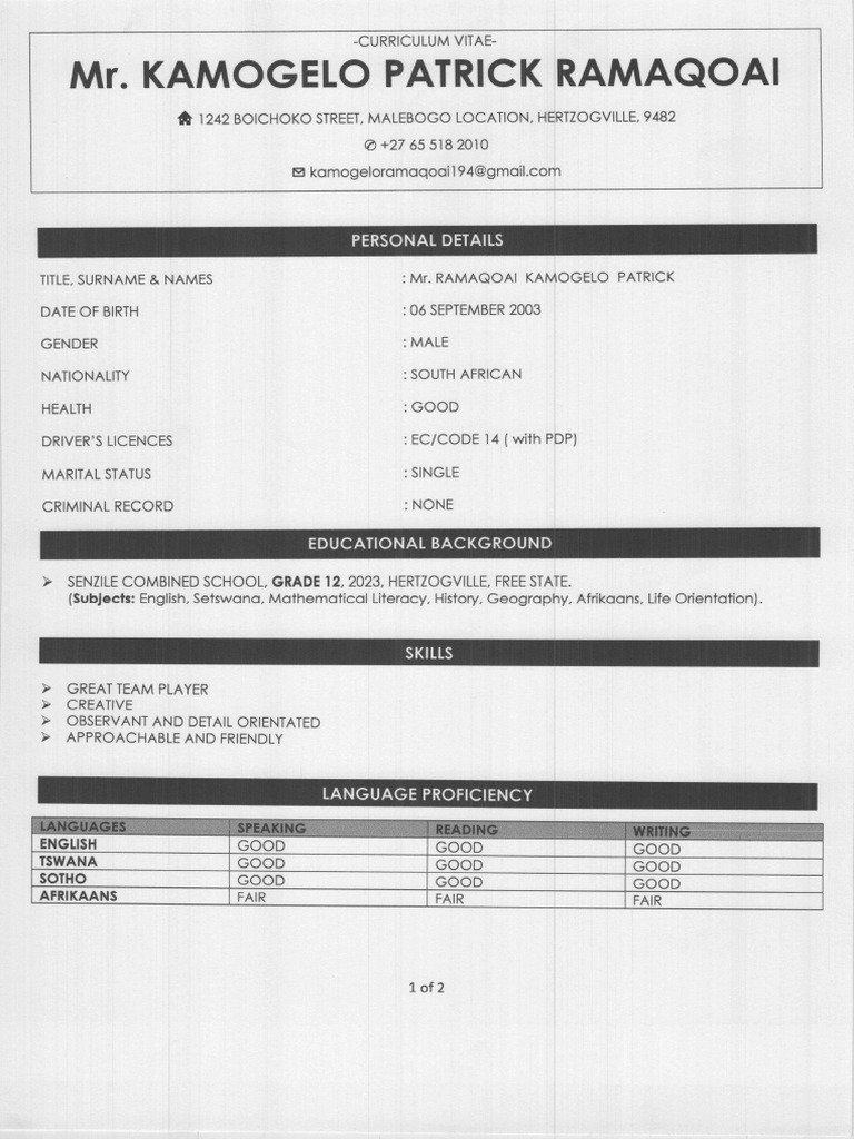 Kamogelo CV | PDF