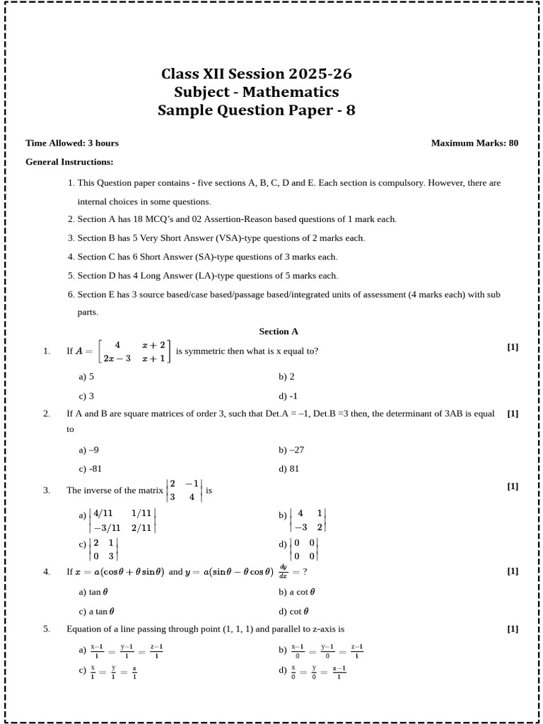 2026 Maths Sample Question Paper 8 | PDF | Mathematics | Mathematical ...