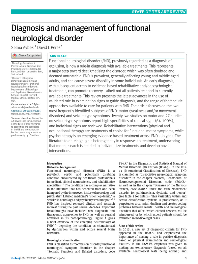 Diagnosis and Management of Functional Neurological Disorder | PDF ...