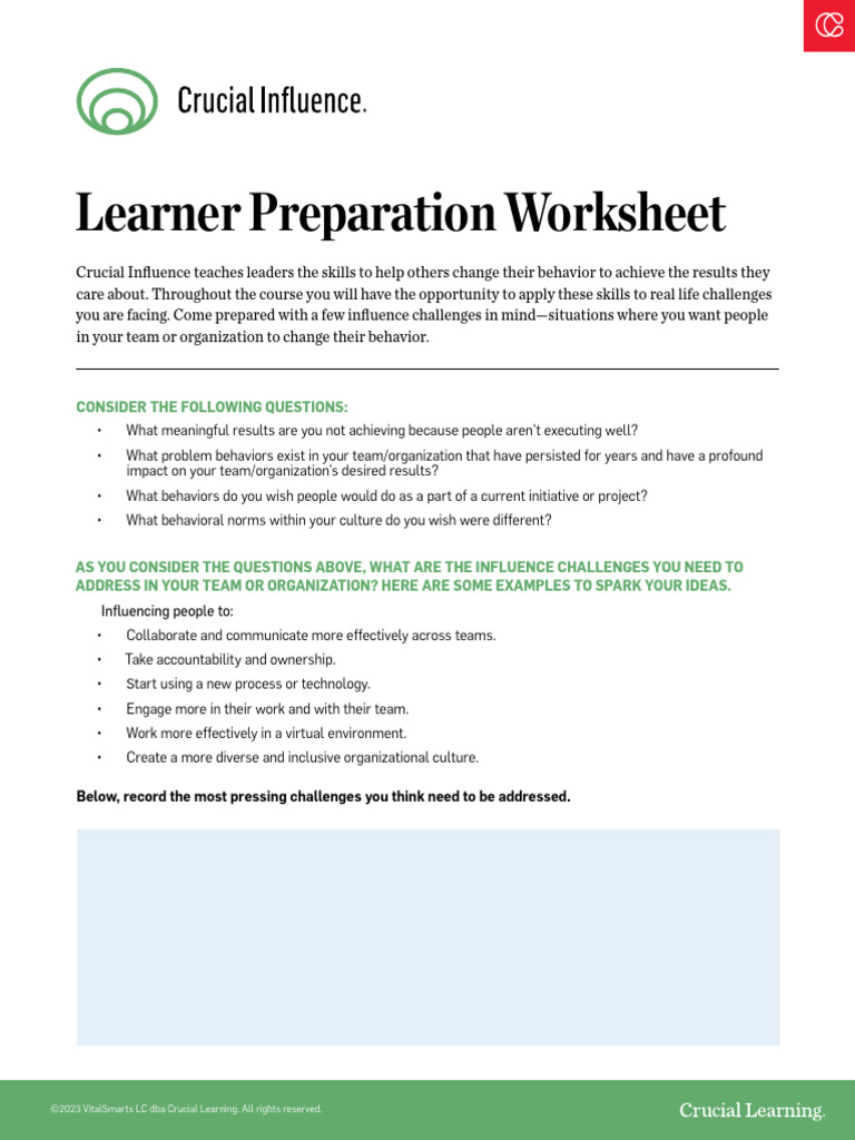 Crucial Influence Learner Prep Sheet | PDF