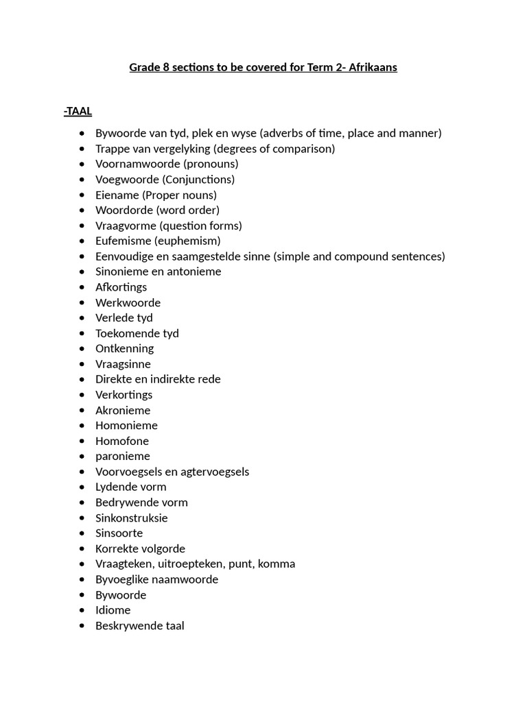 Grade 8 Sections to Be Covered for Term 2-Afrikaans | PDF