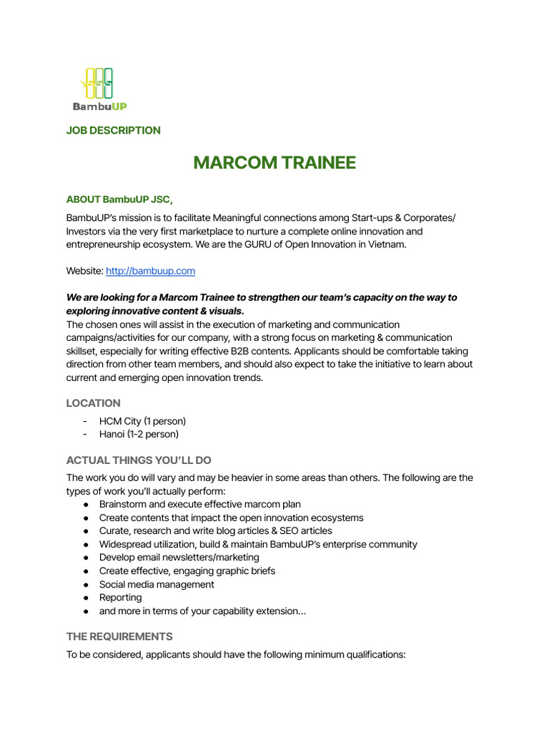 JOB DESCRIPTION MARCOM BambuUP 2025 | PDF | Startup Company | Small ...