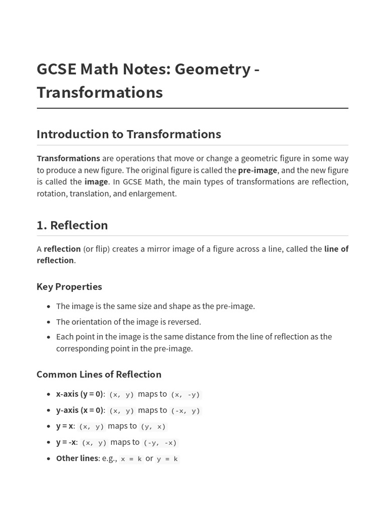 Gcse Math Notes Transformations | PDF | Cartesian Coordinate System | Shape