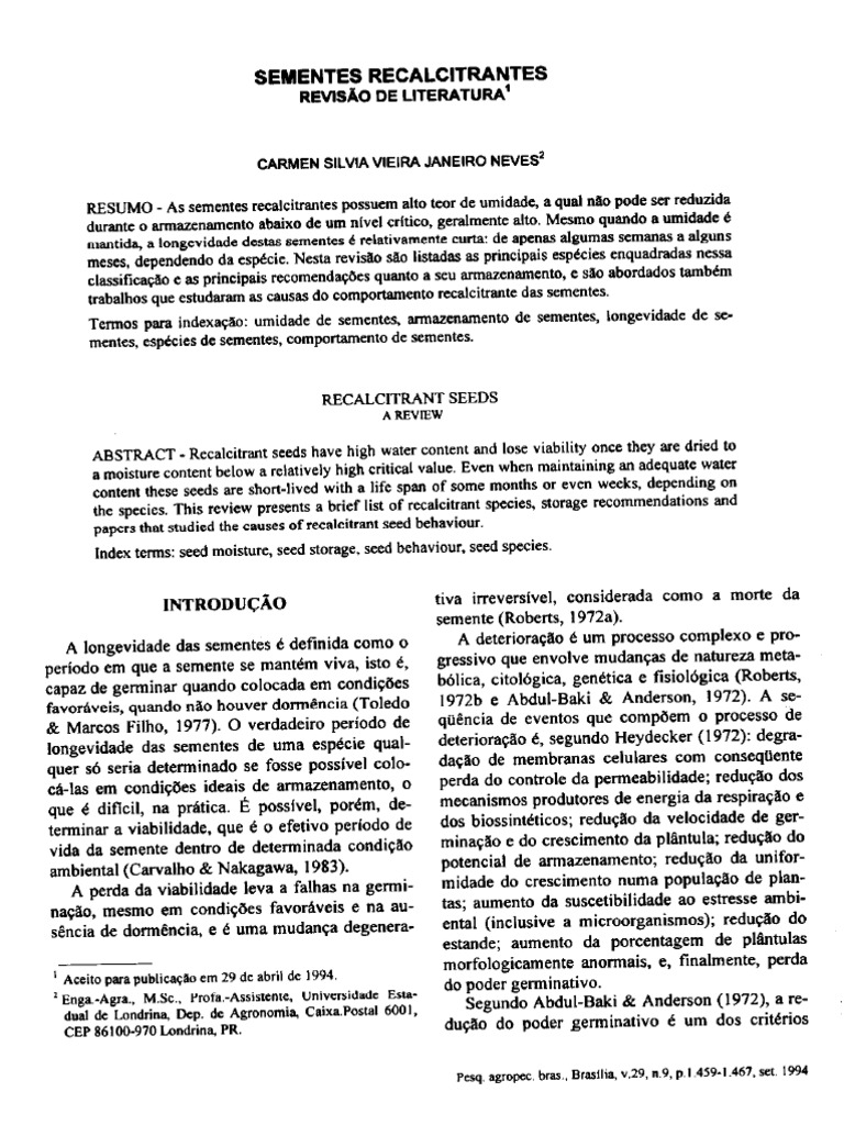 Sementes Ortodoxas e Recalcitrantes | PDF