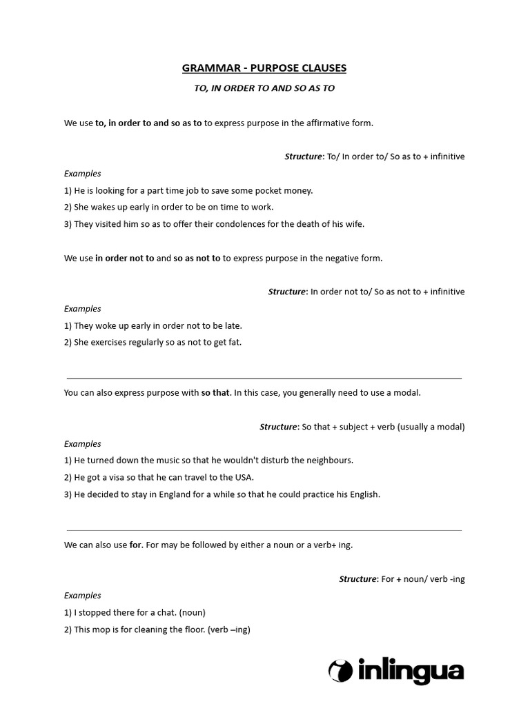 Unit 5 - English 2 Step 1 - Purpose Clauses | PDF | Verb | Language ...