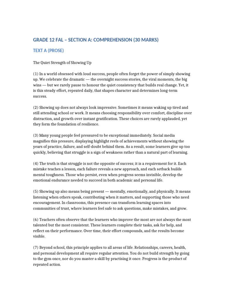 Grade 12 FAL Comprehension FULL With Text Memo Level Grid-1 | PDF ...