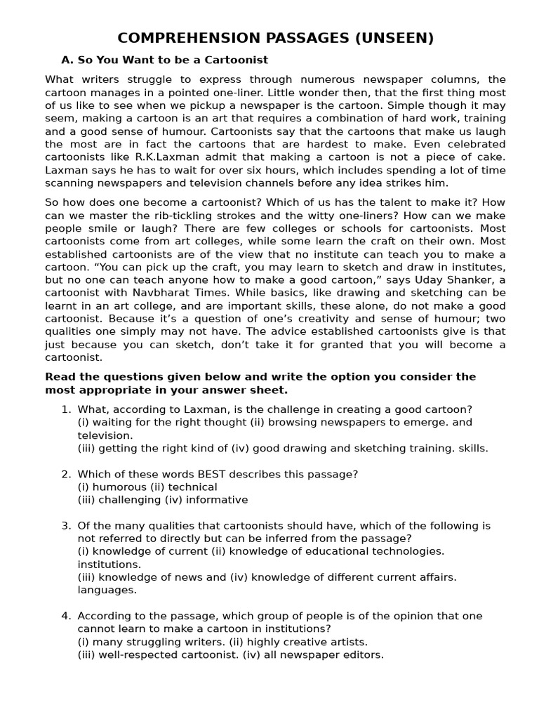 Comprehension Passages (Unseen) | PDF | Cartoon