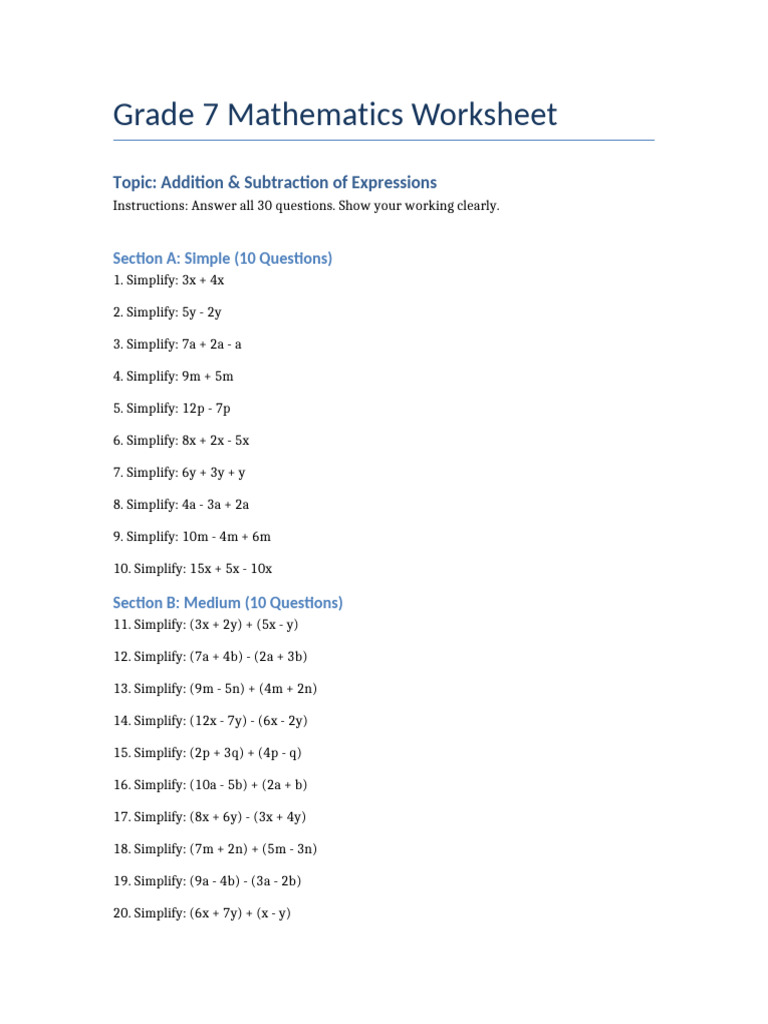 Grade7 AdditionSubtraction Student | PDF