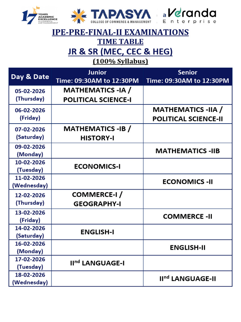 IPE JR & SR Pre Final-II Examinations Time Table-23!01!2026-1 | PDF