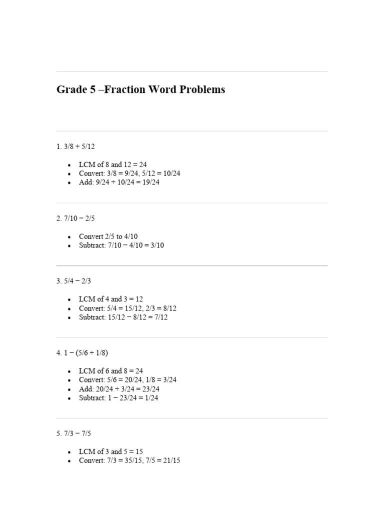 Grade 5 Fraction Word Problems Answer Key | PDF