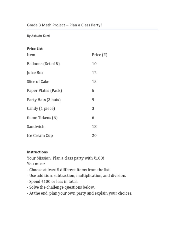 Grade3 Math Project Student | PDF