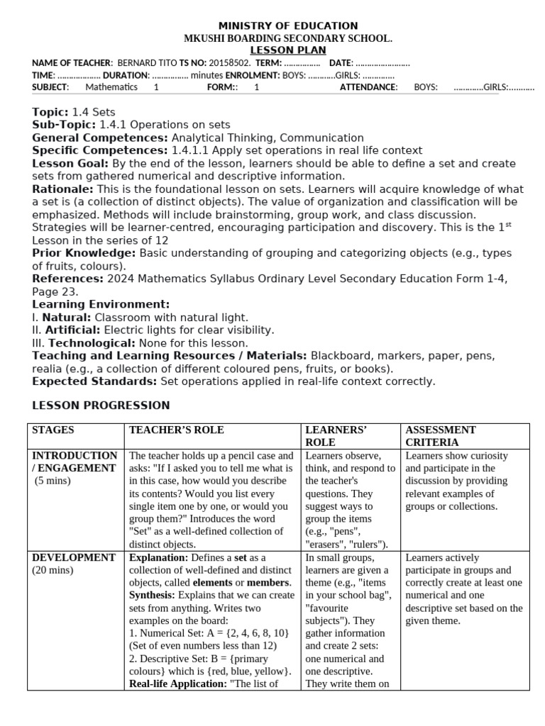 Sets Mathematics 1 Form 1 Lesson Plans-1 | PDF | Learning | Numbers