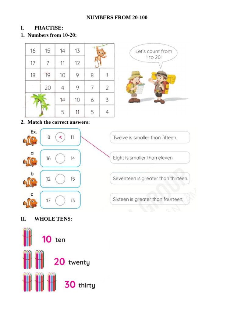 Numbers From 20-100 I. Practise: 1. Numbers From 10-20 | PDF