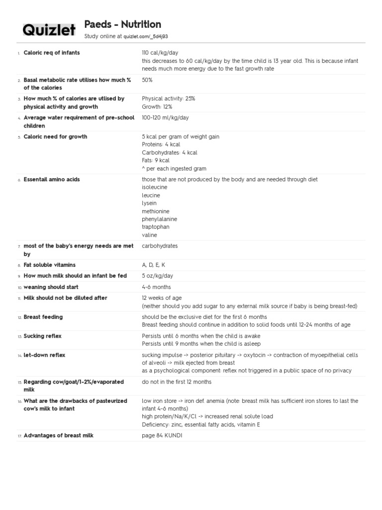 Paeds Nutrition Quzlet | PDF | Breastfeeding | Nutrition