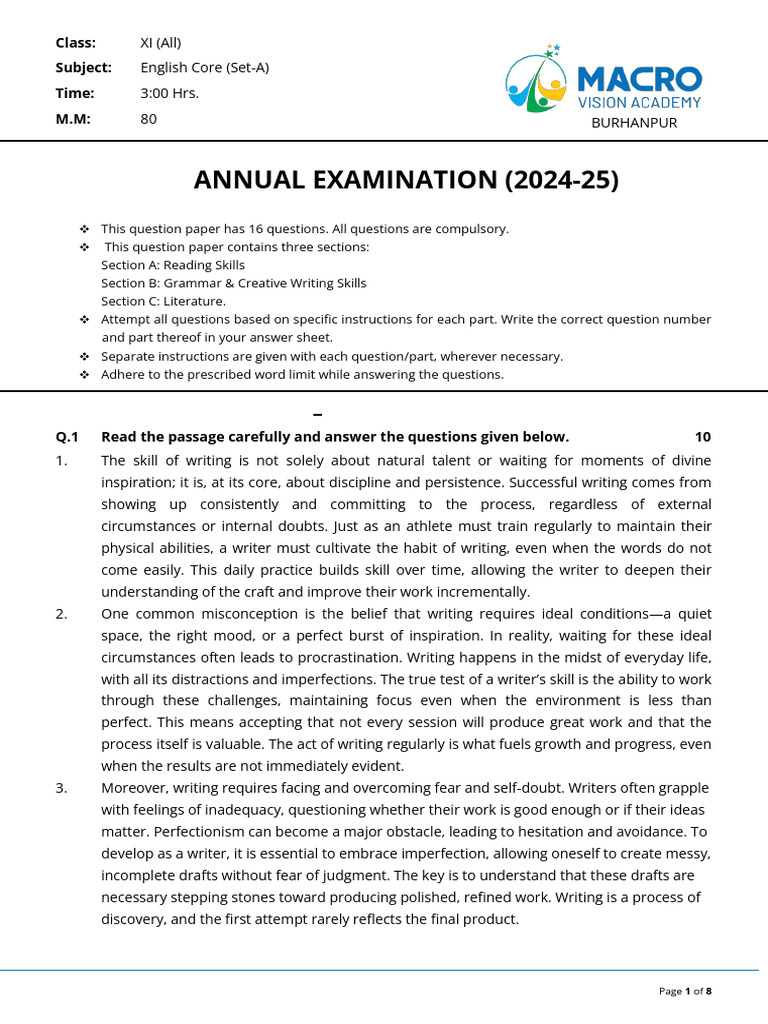 Class XI - Set-A English Annual Examination | PDF | Sea Level Rise ...