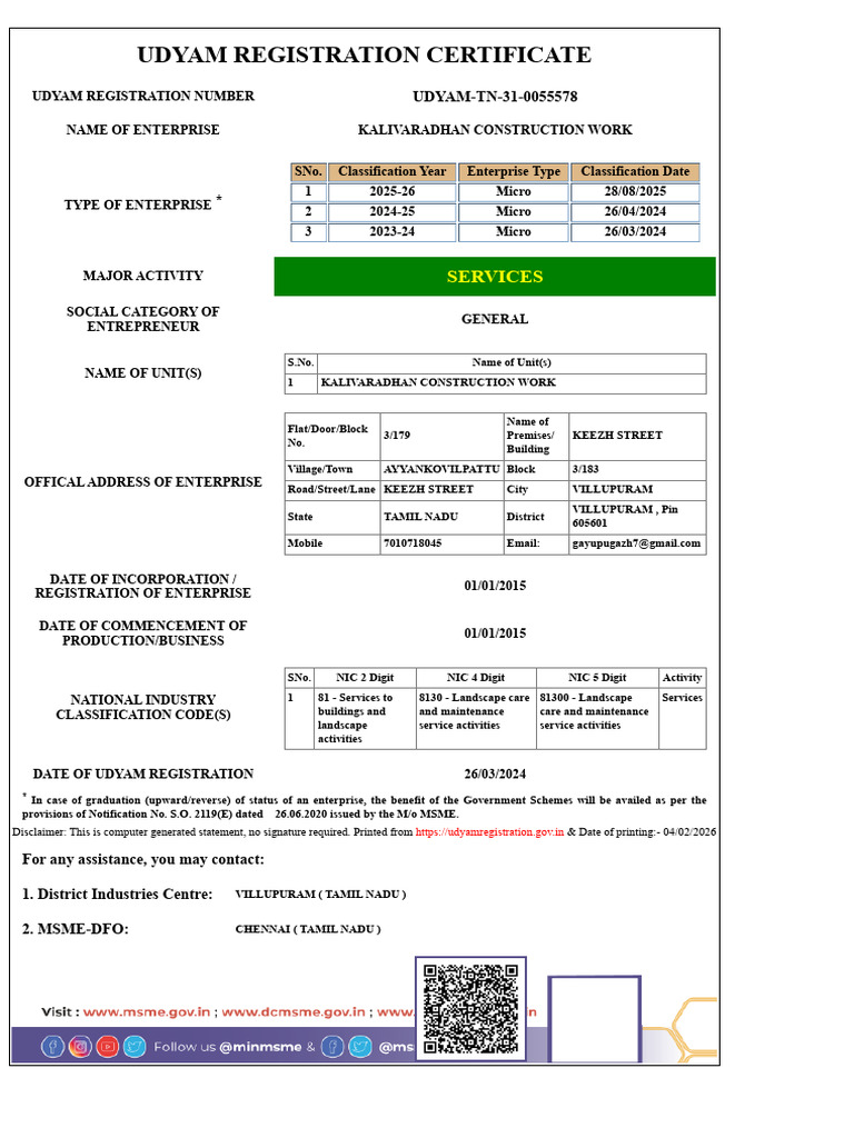 Construction Print - Udyam Registration Certificate | PDF