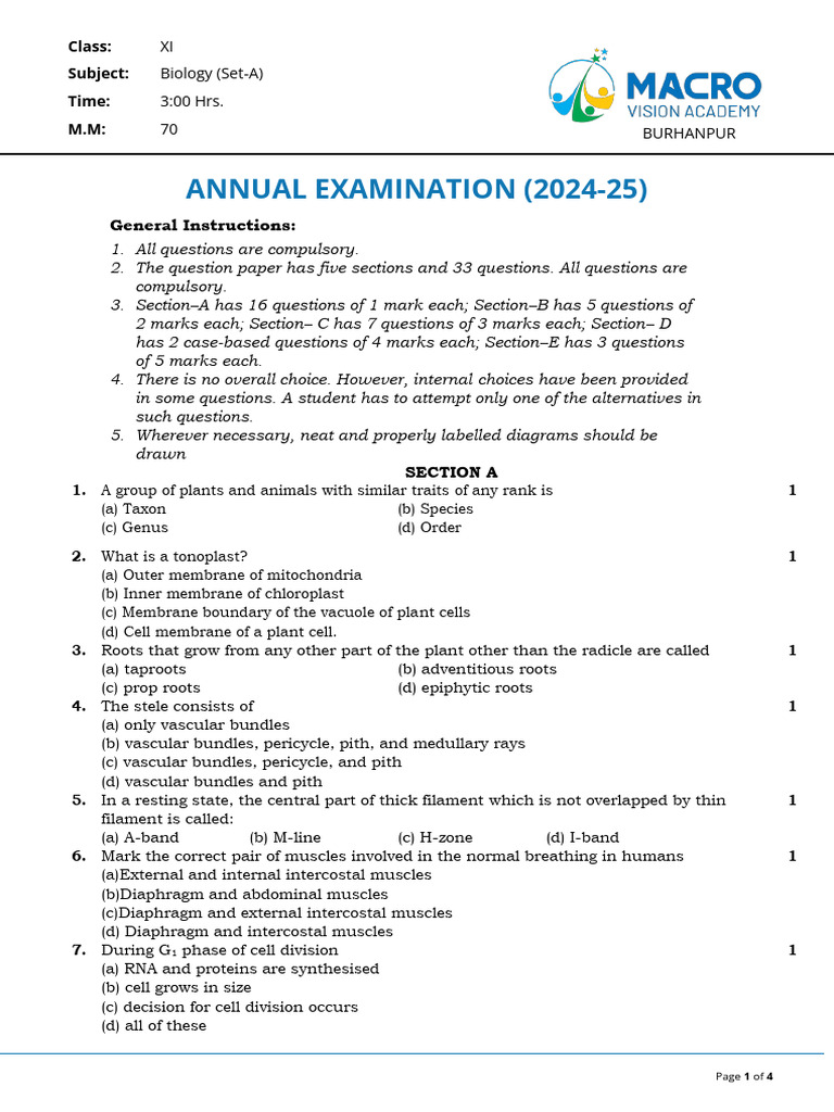 Class XI Biology Annual Exam Set-A | PDF | Blood Type | Photosynthesis