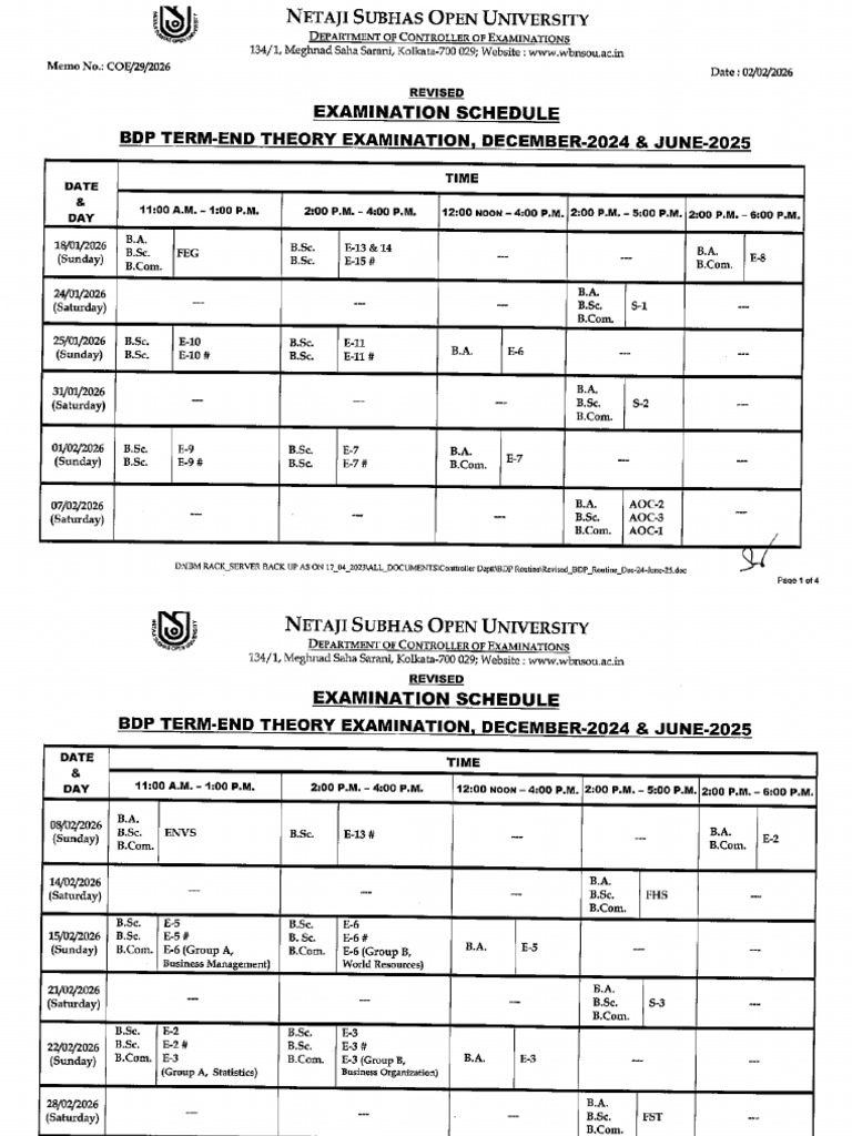 20260202 REVISED Exam Schedule BDP TE Theory Exam Dec2024 & June2025 | PDF