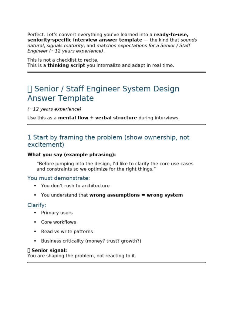 Senior Staff Engineer System Design Answer Template | PDF | Cache ...