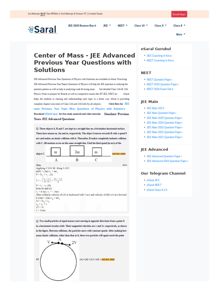 WWW Esaral Com Center of Mass Jee Advanced Previous Year Questions With ...