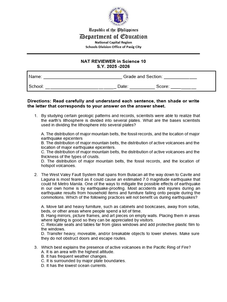 G10 Science NAT Reviewer | PDF | Plate Tectonics | Chemical Reactions