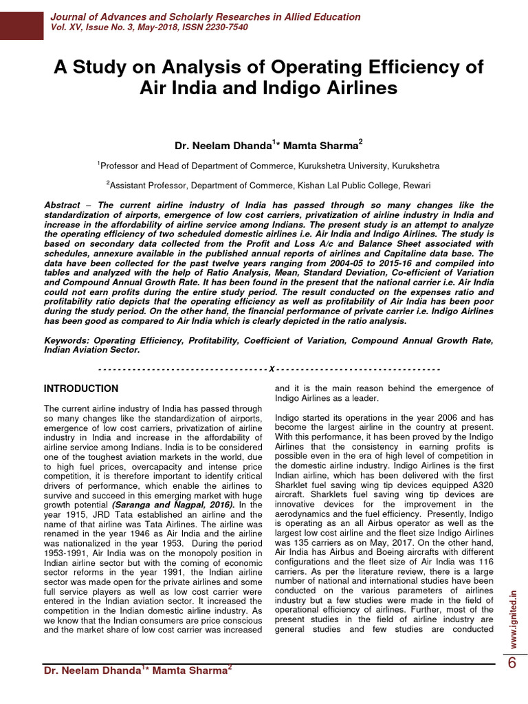 A Study On Analysis of Operating Efficie | PDF | Airlines | Expense