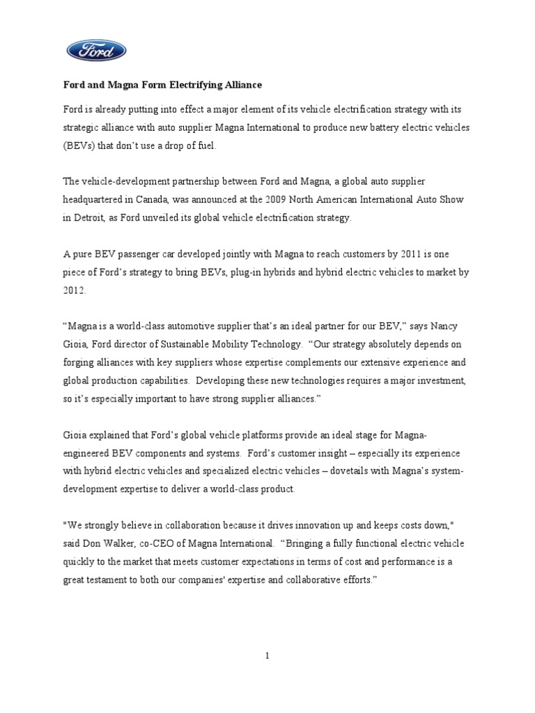 Ford & Magna's Electric Vehicle Pact | PDF | Ford Motor Company ...