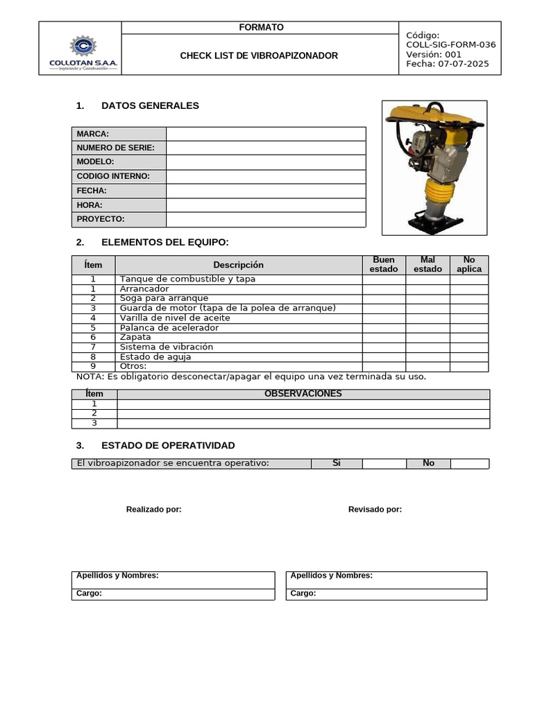 36.-Coll-sig-Form-036 Check List de Vibroapizonador | PDF