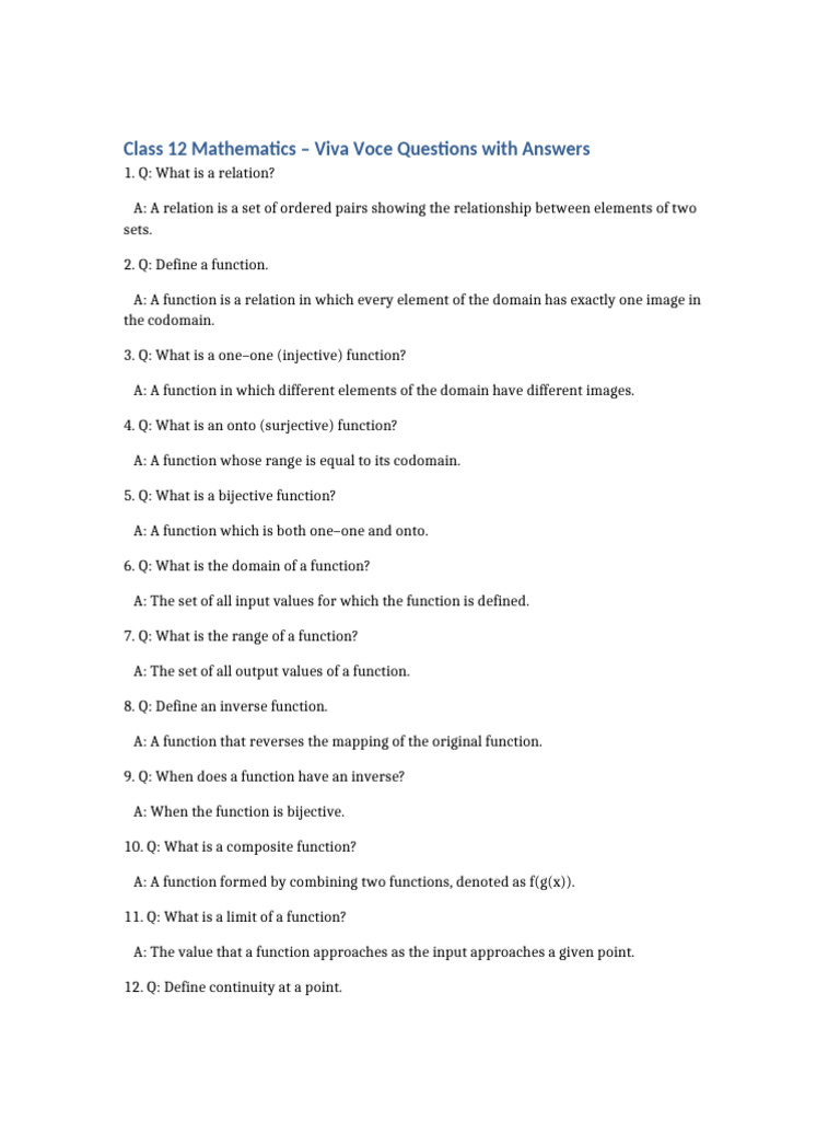 Class 12 Math Viva Questions With Answers | PDF | Function (Mathematics ...