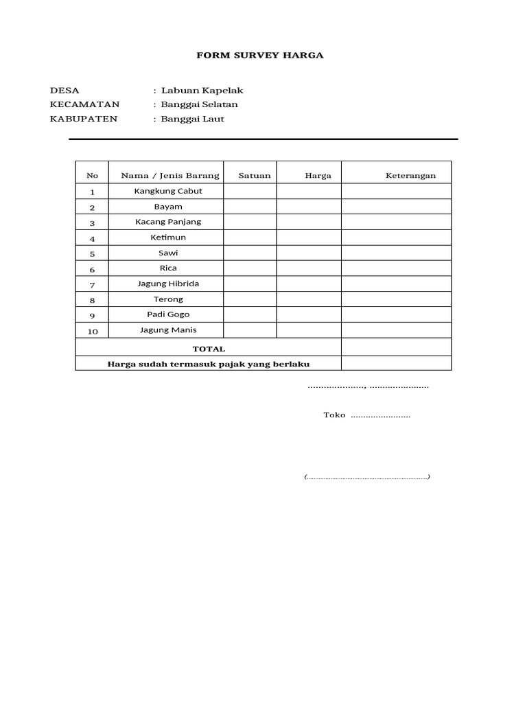 Contoh Format Survey Harga Barang | PDF