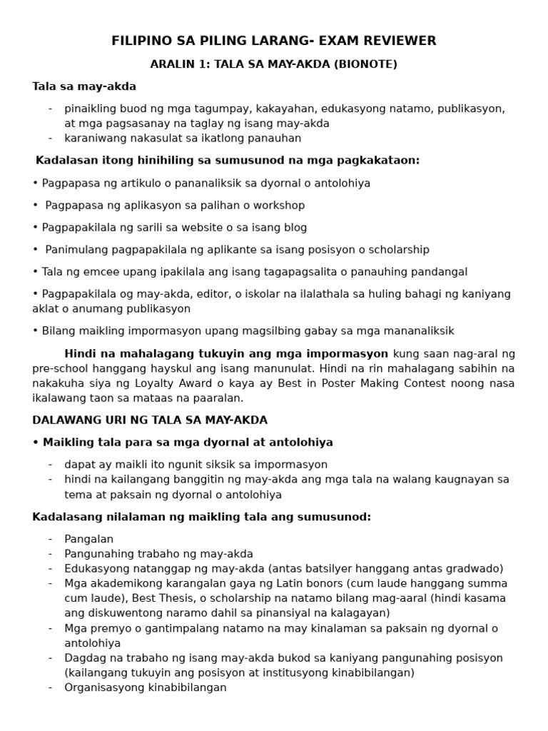 Filipino - Exam Reviewer | PDF