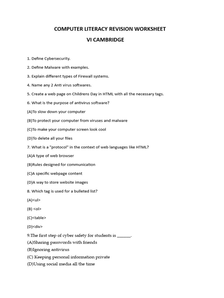 Computer Literacy Revision Worksheet | PDF