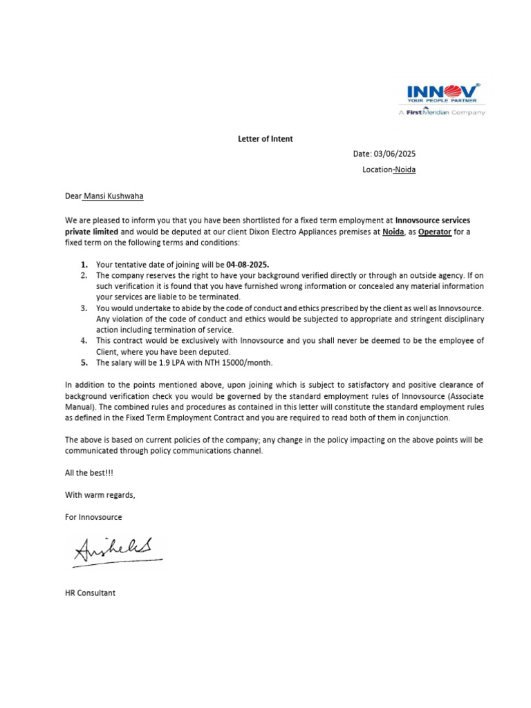 Letter of Intent Dixon Noida - 13 | PDF | Employment