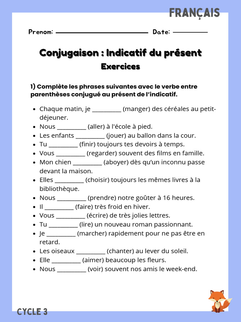 Exercices de Conjugaison Indicatif Du Present 3eme Primaire | PDF ...