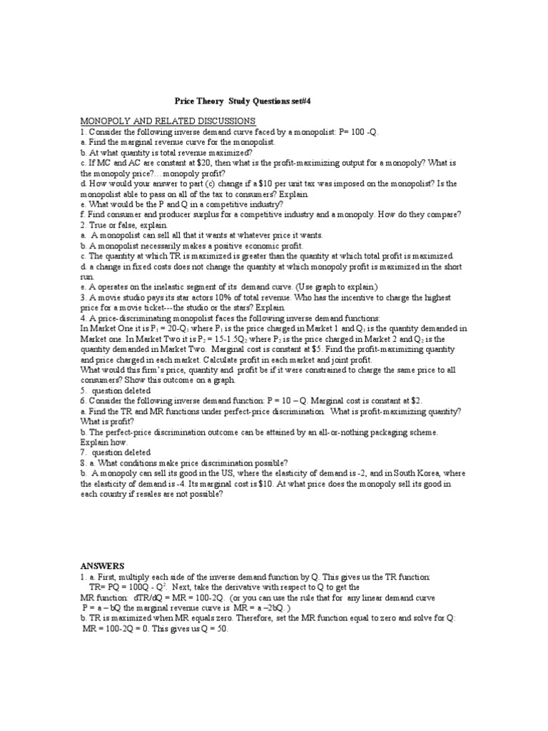 Price Theory Study Questions Set#4 | PDF | Monopoly | Demand