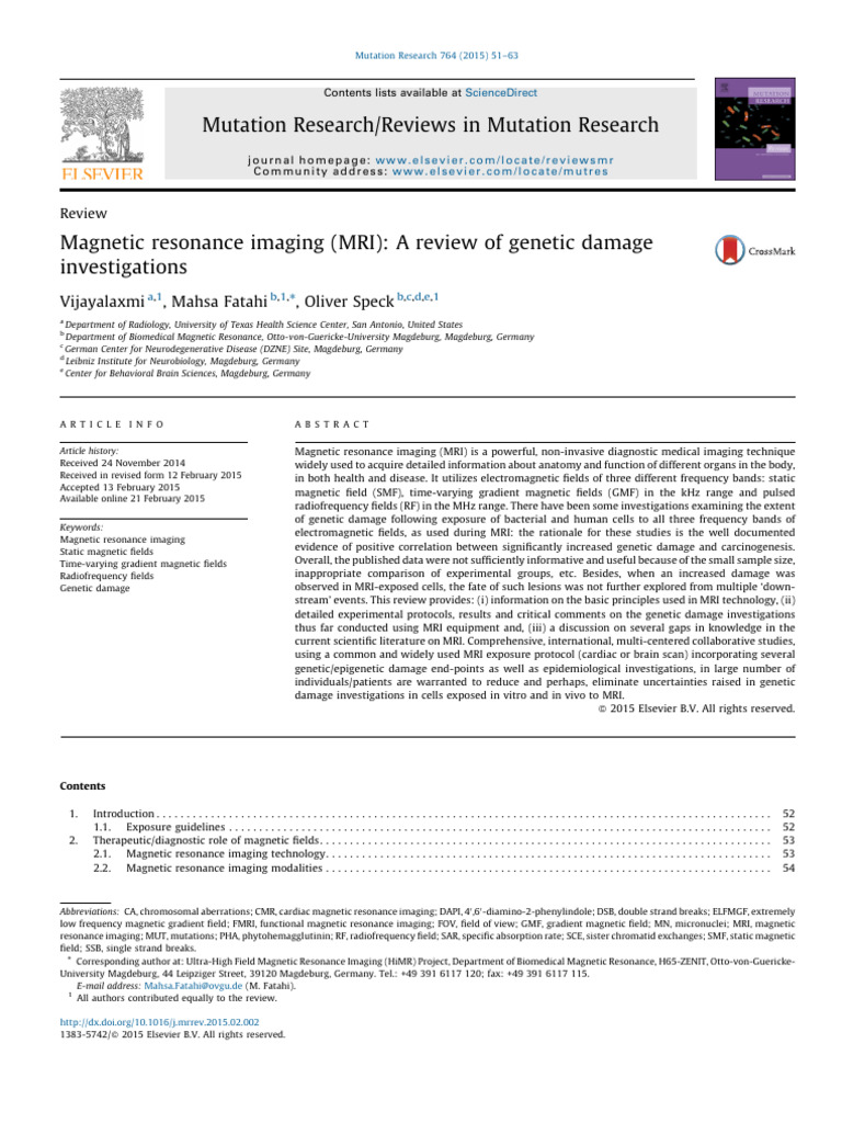 Magnetic Resonance Imaging (MRI) - A Review of Genetic Damage ...