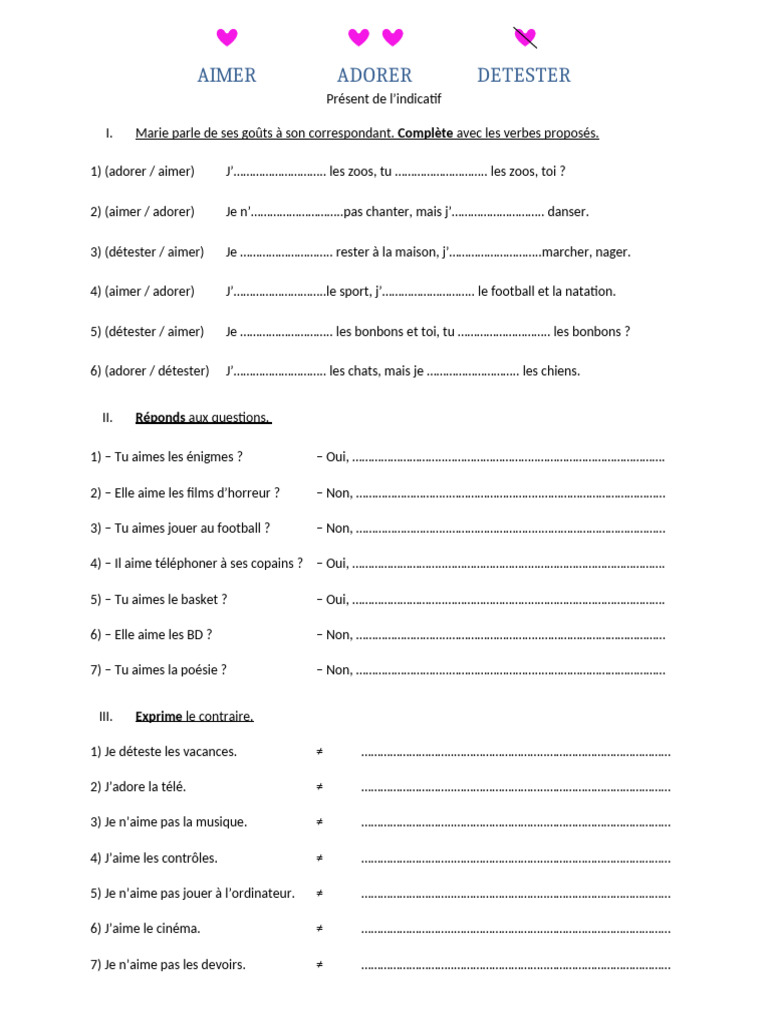 Conjuguer Aimer Detester Adorer | PDF