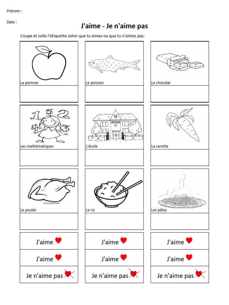 j'Aime - Je n'Aime Pas - Coupe Et Colle Les Etiquettes Selon | PDF